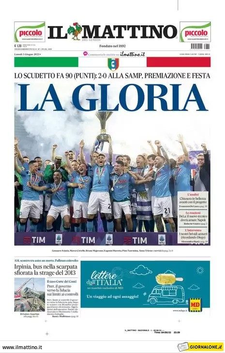 PRIMA PAGINA MATTINO - Lo Scudetto fa 90 - AreaNapoli.it