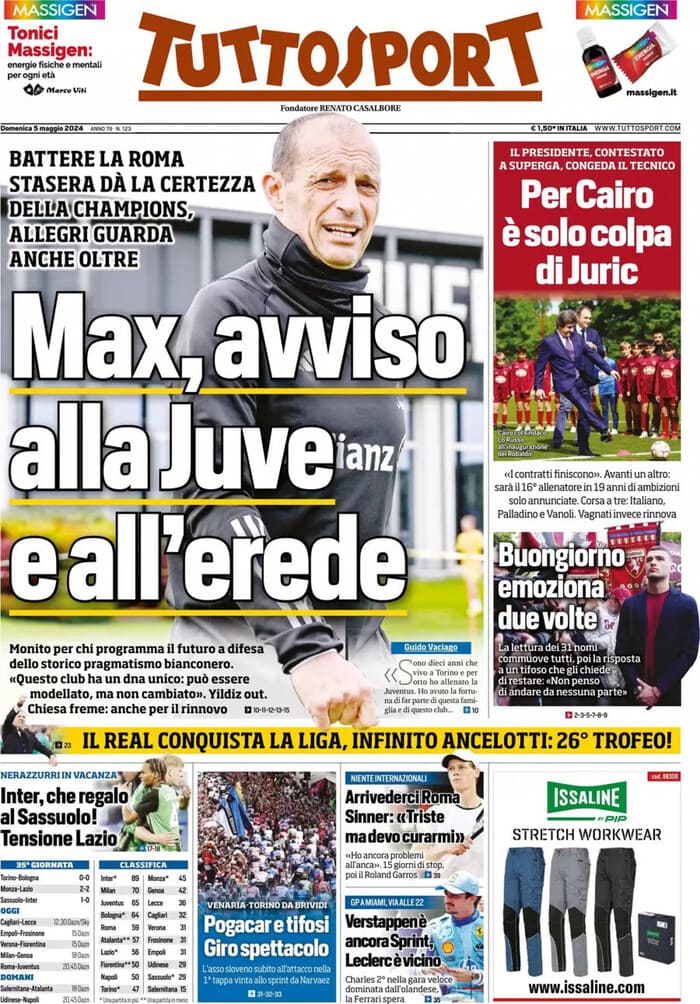PRIMA PAGINA TUTTOSPORT - Max, avviso alla Juve. Inter, che regalo al ...