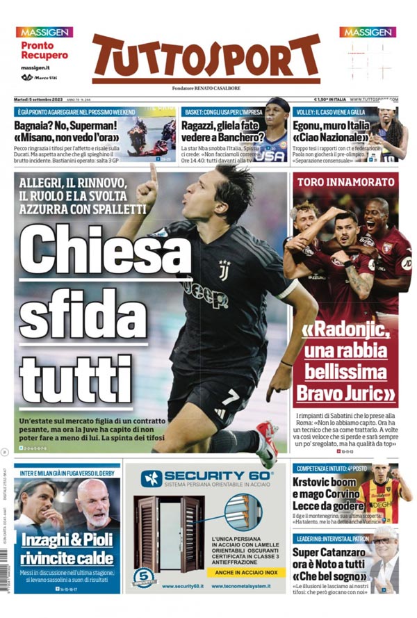 PRIMA PAGINA TUTTOSPORT - Chiesa sfida tutti. Krstovic boom, Lecce da ...